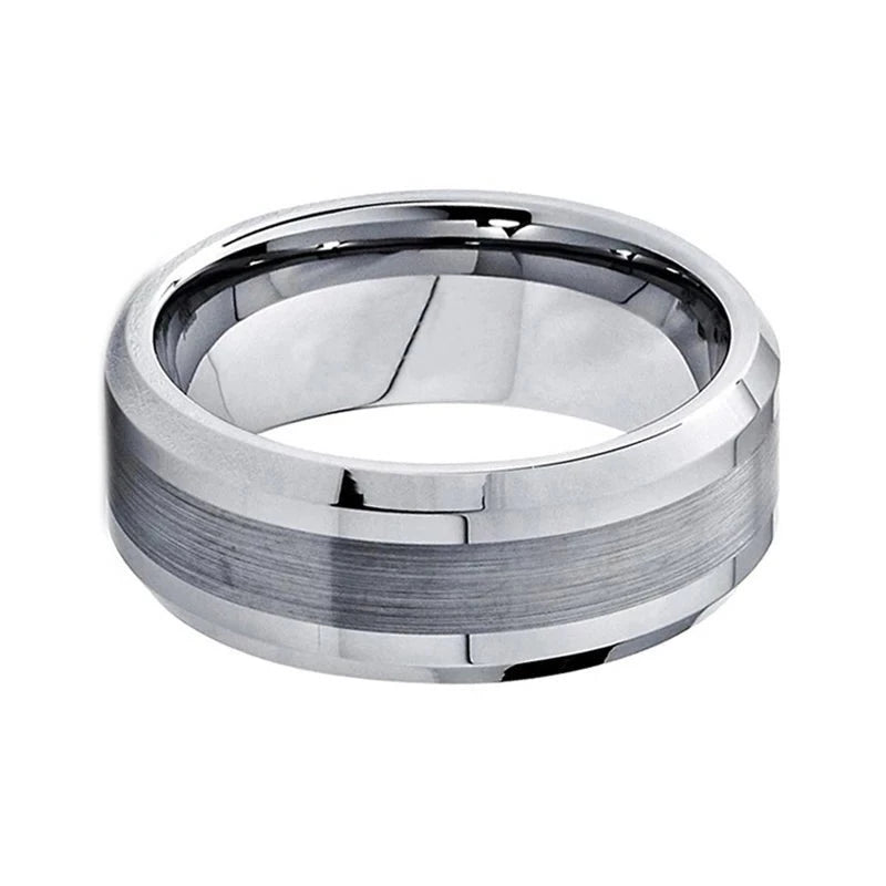 Brushed Inlay & Polished Edge Silver Tungsten Ring 8mm | Free Engraving ...